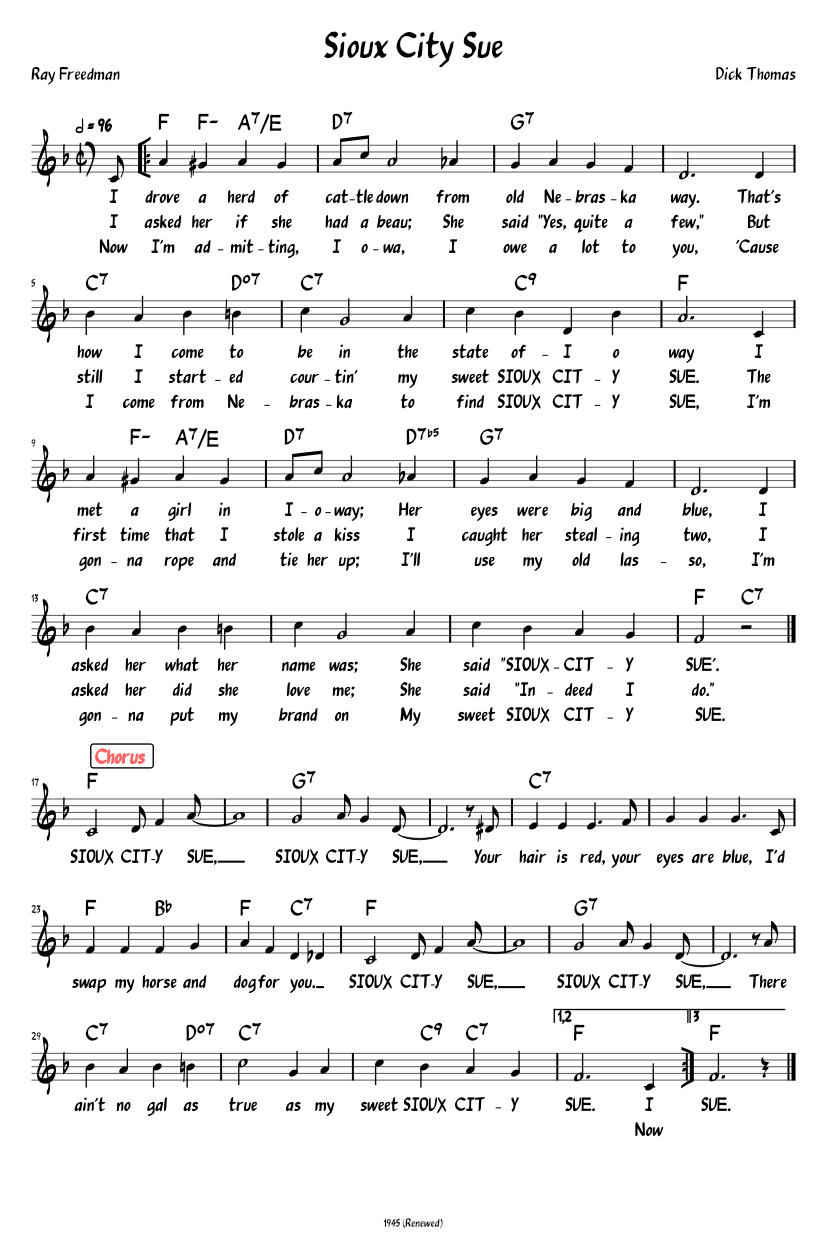 Sioux City Sue (Lead sheet with lyrics ) Sheet Music with Chords for ...