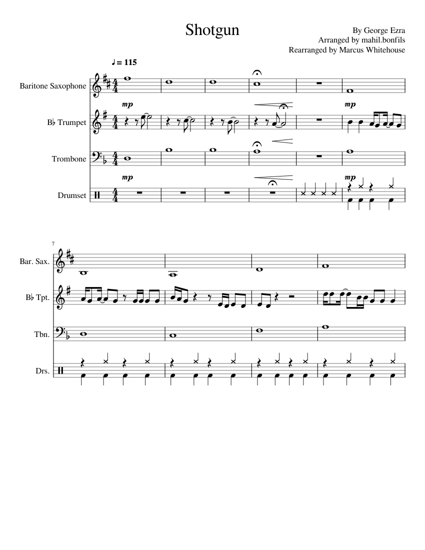Shotgun by George Ezra for Eb Sax, Trombone, and Bb Trumpet Sheet music ...