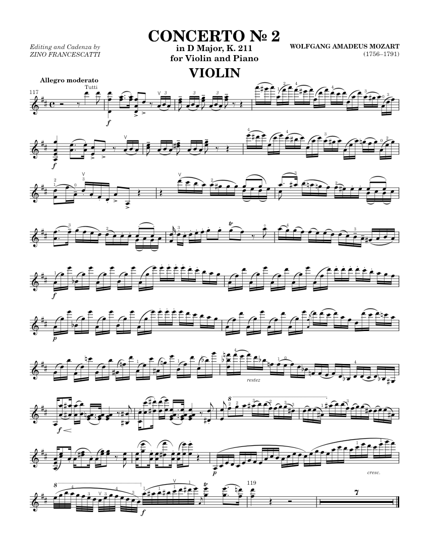Concerto no. 2 in D major K. 211 – Wolfgang Amadeus Mozart • Cadenza (Zino Francescatti) Sheet ...
