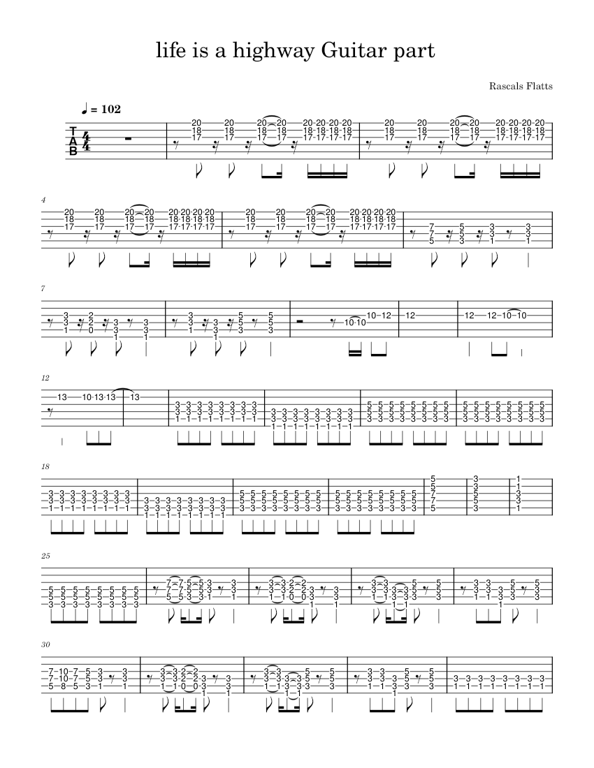 life is a highway guitar tab Sheet Music for Guitar (Solo) | MuseScore.com