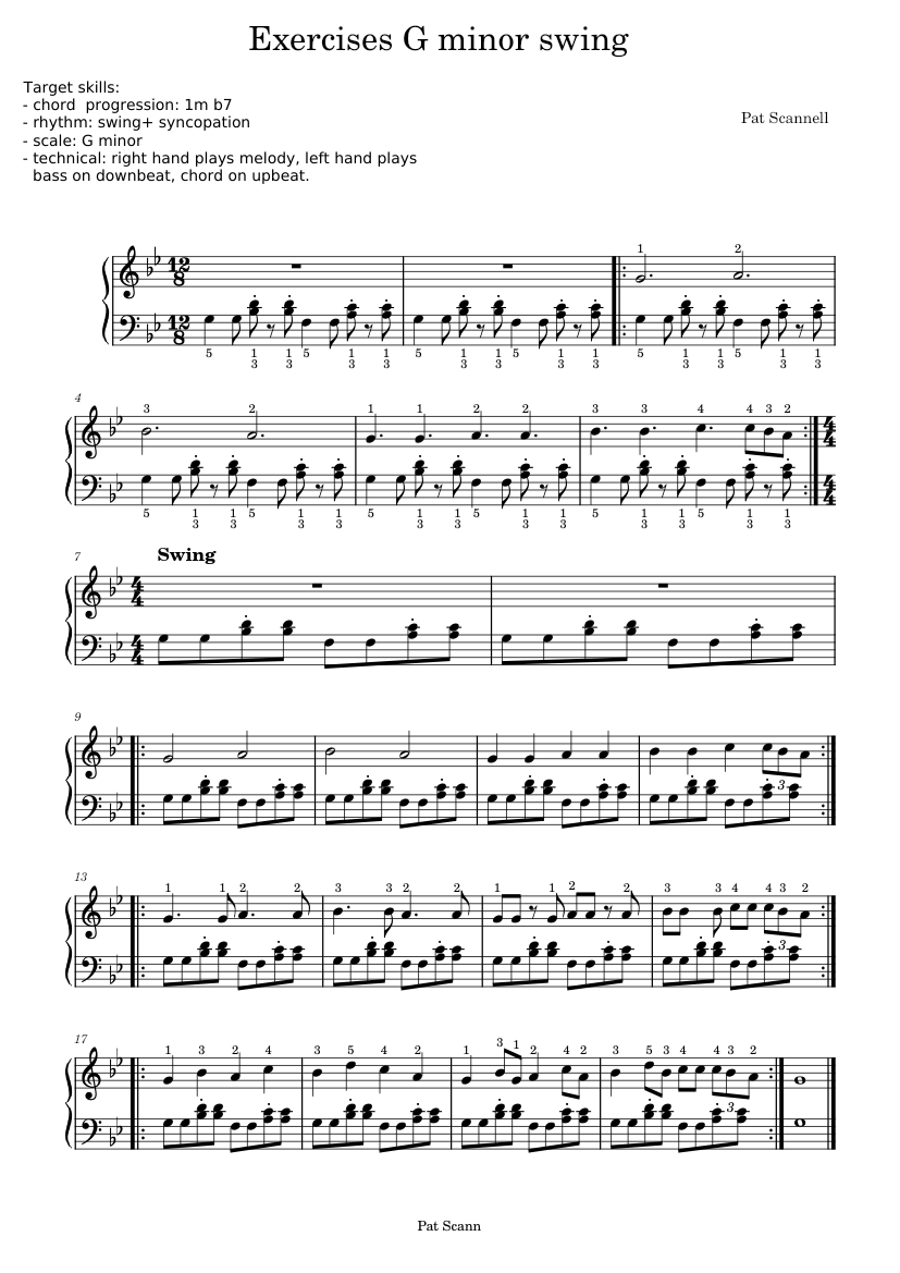 Swing in G minor exercises (beginner piano lesson) Sheet music for ...