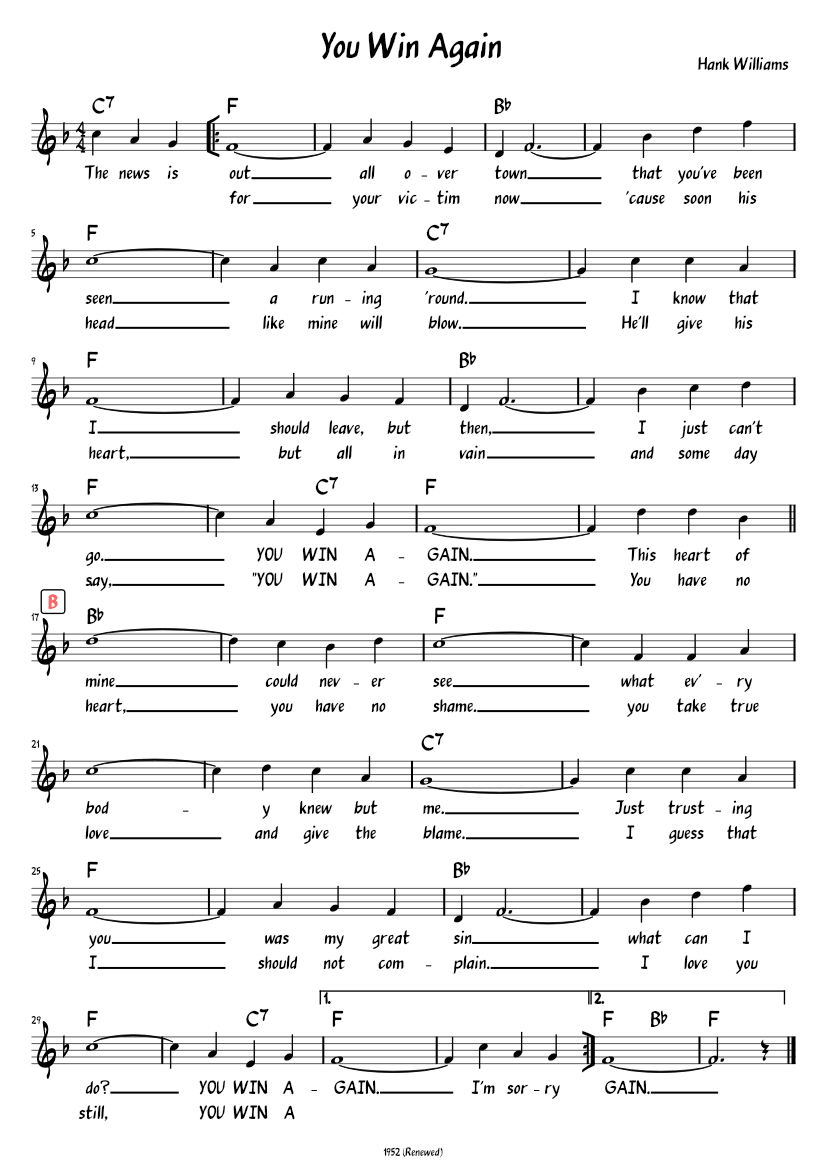 You Win Again (Lead sheet with lyrics ) Sheet Music with Chords for ...