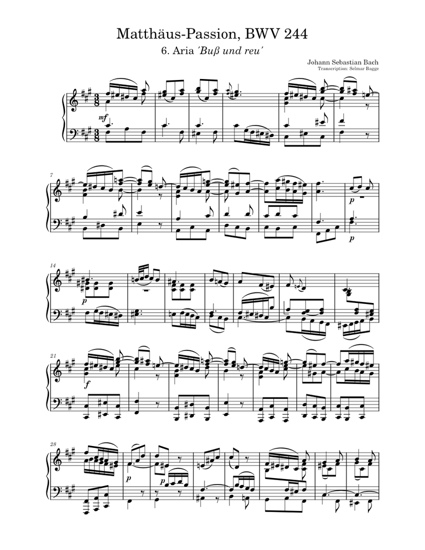 Matthäuspassion, BWV 244b – Johann Sebastian Bach (Buss und reu - arr. piano solo) Sheet music ...