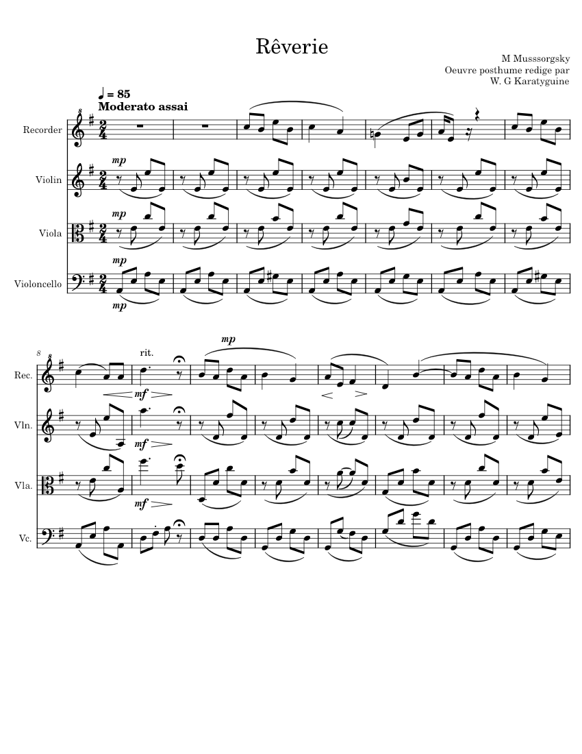 Reverie – Modest Mussorgsky Sheet music for Violin, Viola, Cello ...
