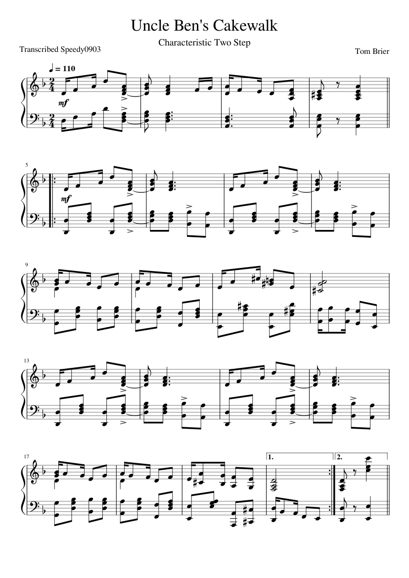 Uncle Ben's Cakewalk – Tom Brier Sheet music for Piano (Solo) | Musescore.com