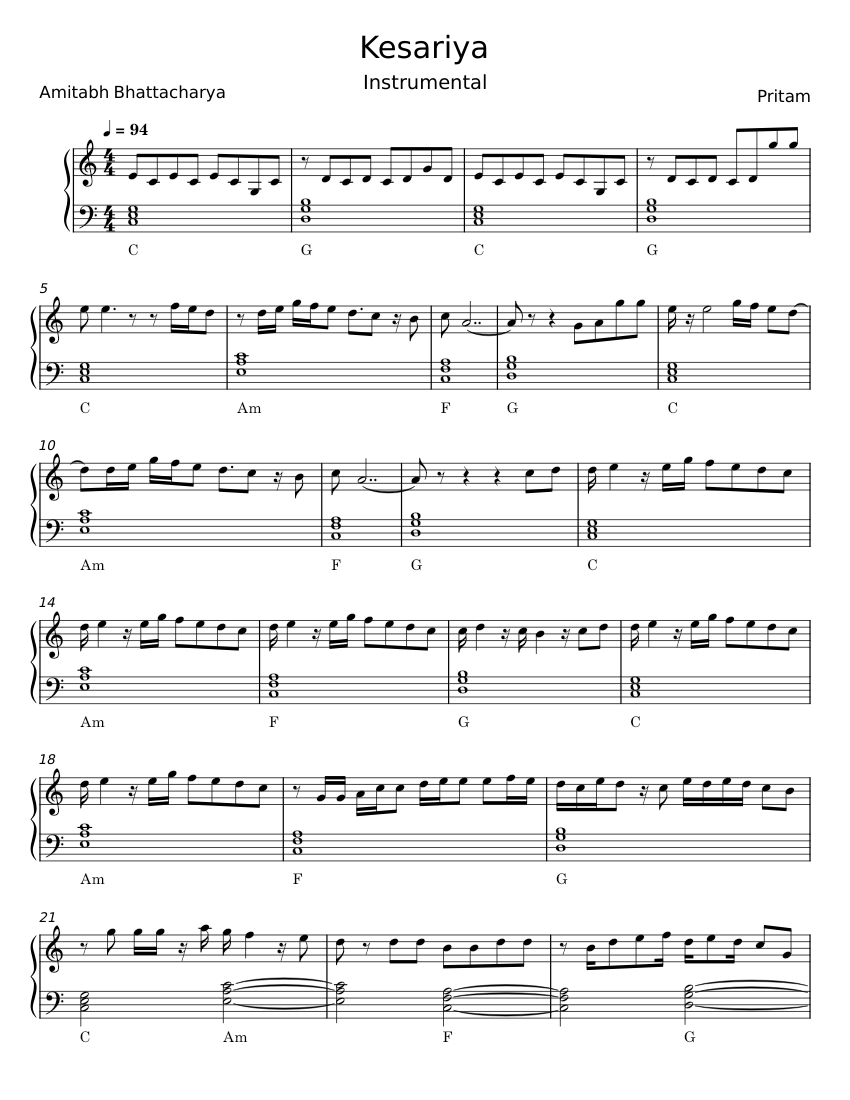 Kesariya - Pritam Sheet music for Piano (Piano Duo) | Musescore.com