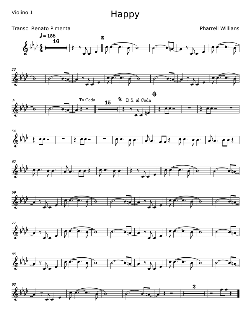 Happy - Pharrell Williams Sheet Music for Violin (Solo) | MuseScore.com