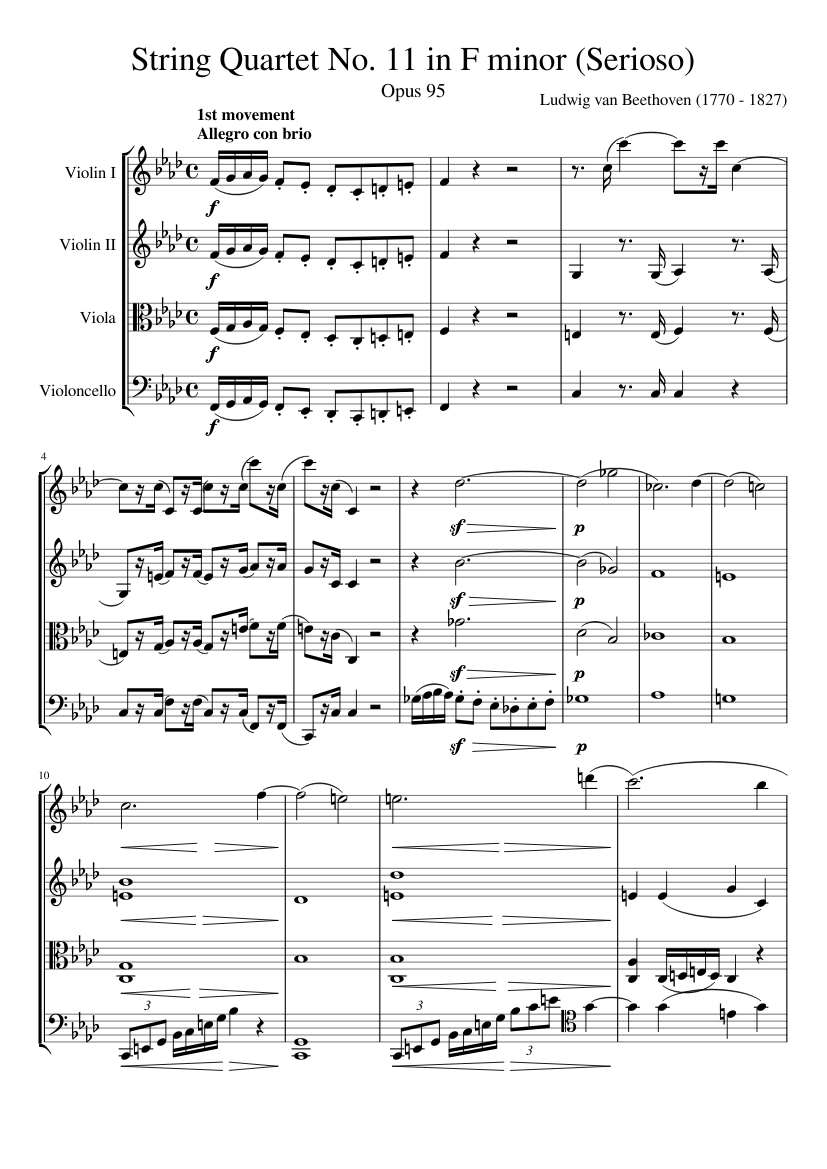 String Quartet No. 11 in F minor (Serioso), Opus 95 Sheet music for Violin, Viola, Cello (String ...