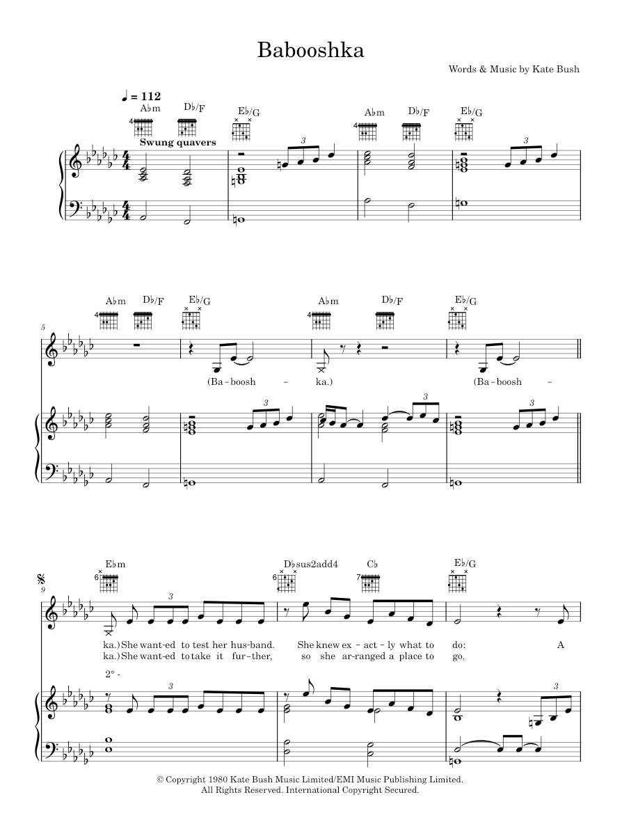 Play Official version of Babooshka Sheet Music by Kate Bush for Piano ...