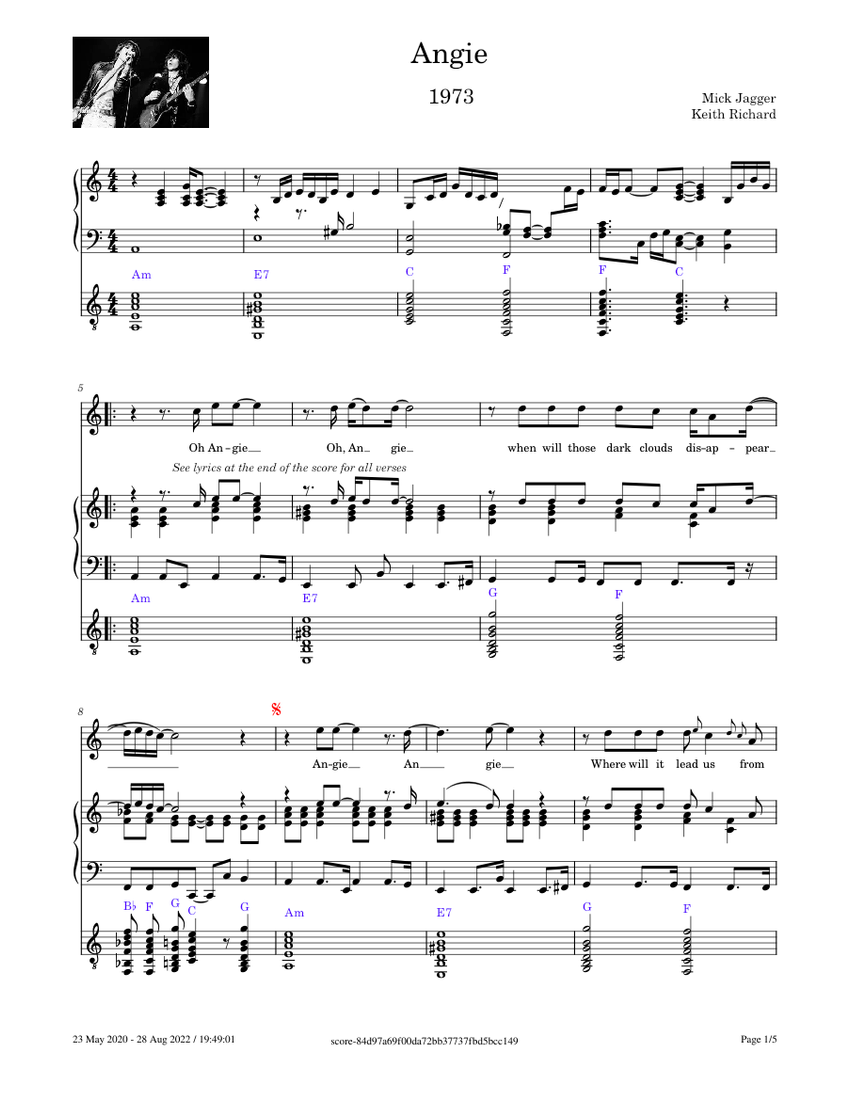 Angie – The Rolling Stones Sheet music for Piano, Guitar, Harmonica ...