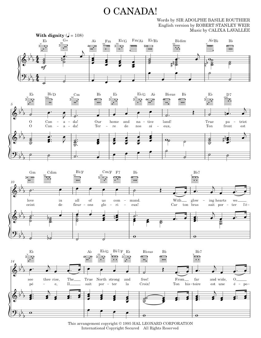 Play Official version of O Canada sheet music by Calixa Lavallée for ...