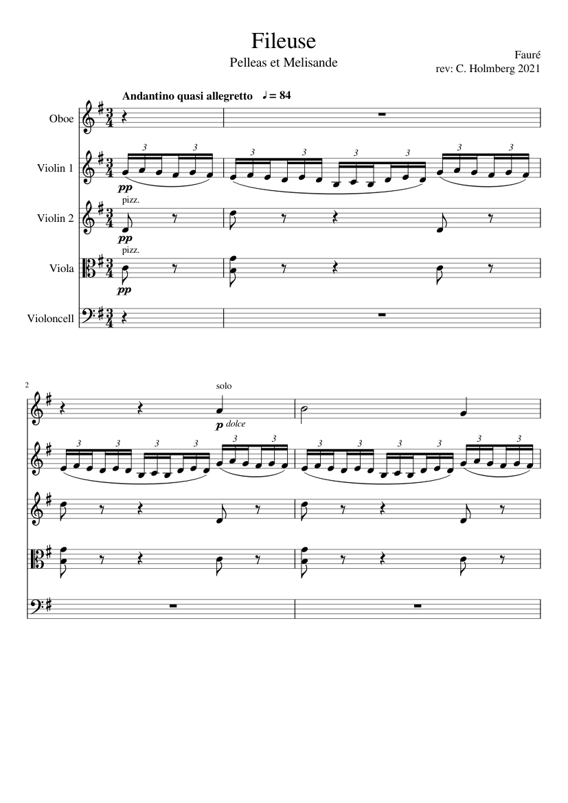 Fileuse – Gabriel Fauré Sheet Music for Oboe, Violin, Viola, Cello ...