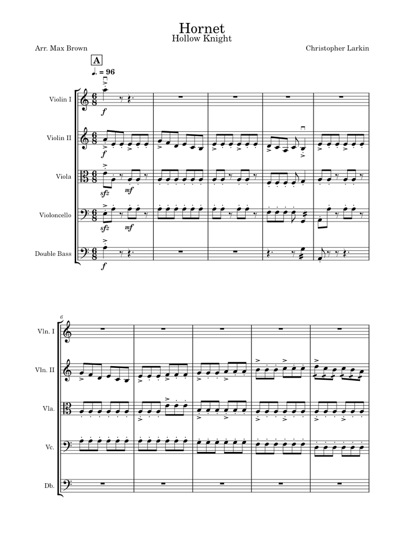 Hornet Sheet music for Contrabass, Violin, Viola, Cello (String Quintet ...