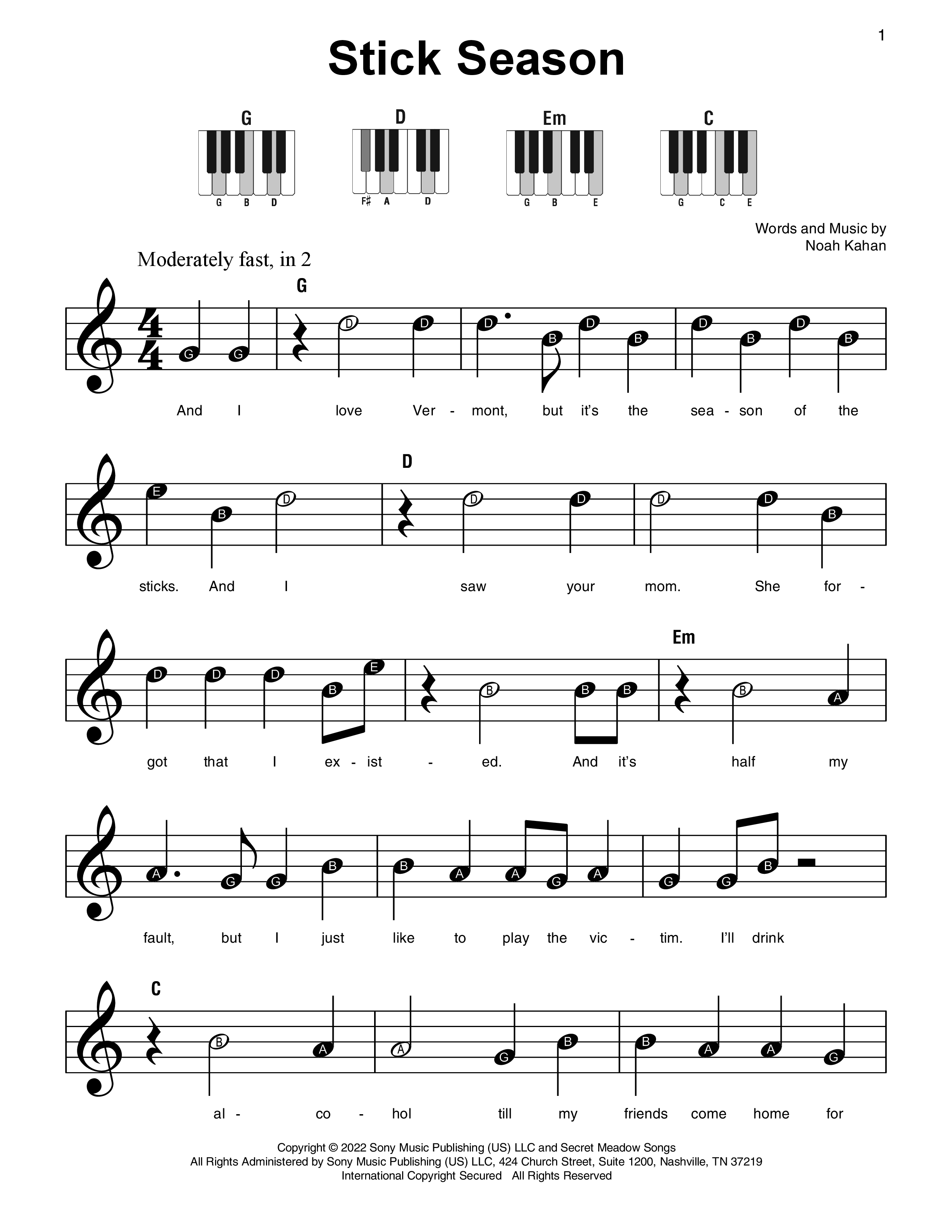 Play Official version of Stick Season sheet music by Noah Kahan for ...