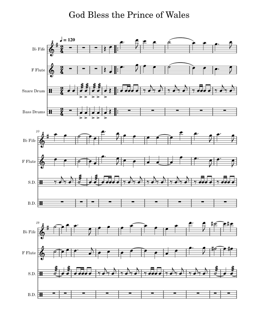 God Bless the Prince of Wales Sheet music for Flute, Snare drum, Bass drum, Flute other (Drum ...