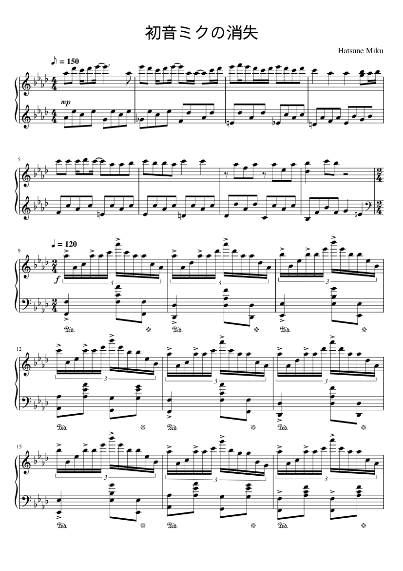The disappearance of Hatsune Miku / 初音ミクの消失 Sheet Music for Piano (Solo ...