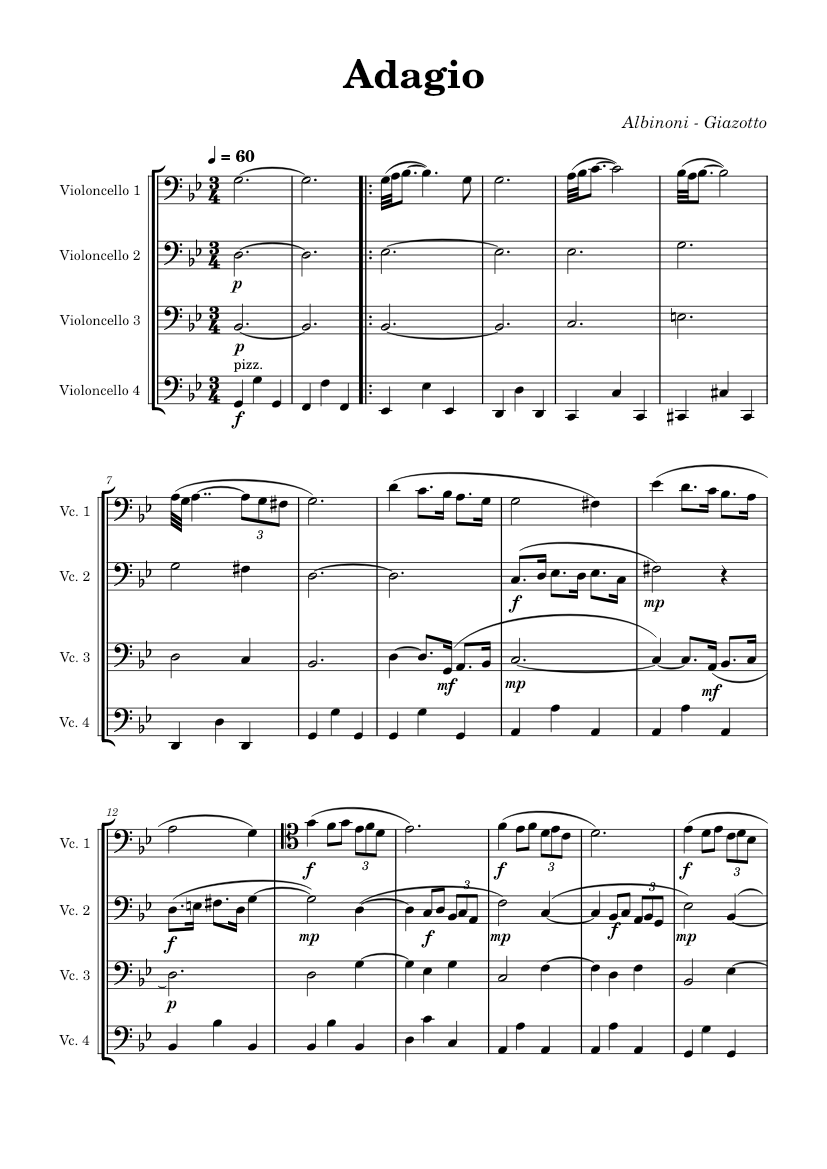 Adagio – Tomaso Albinoni Sheet Music for Cello (String Quartet) | MuseScore.com