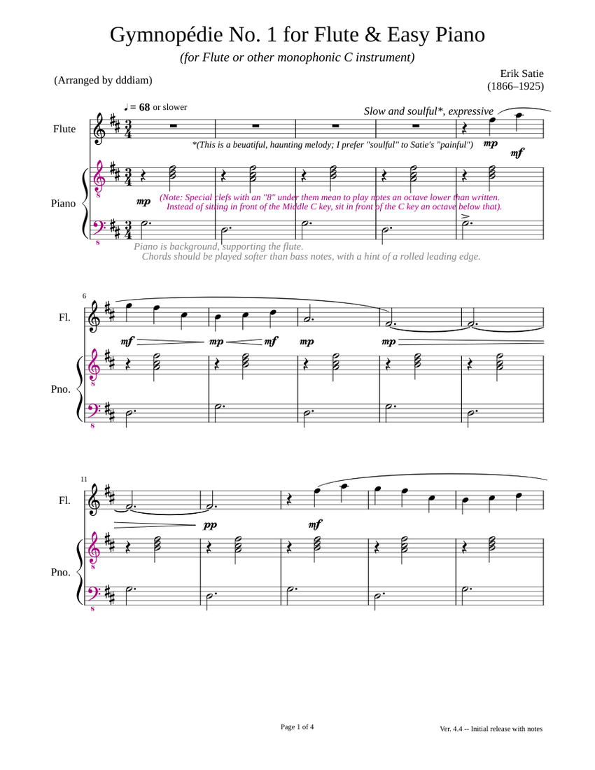 Gymnopédie No. 1 for Flute and Easy Piano Sheet music for Piano, Flute ...