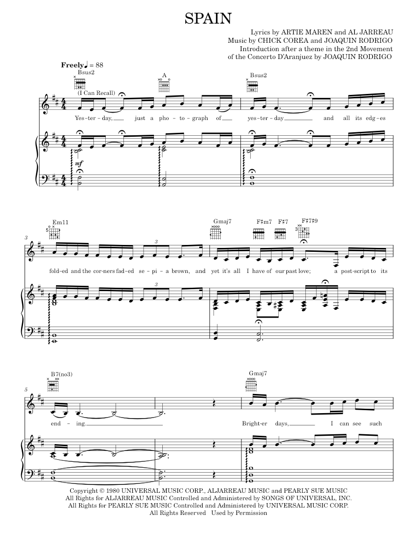 Play Official version of (I Can Recall) Spain Sheet Music by Al Jarreau ...