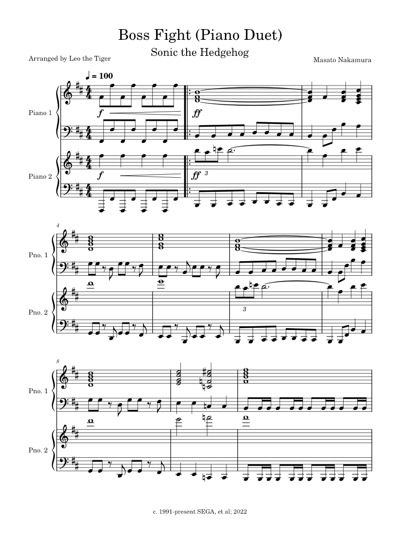 Piano Duet: Sonic the Hedgehog - Boss – Masato Nakamura Sheet music for ...