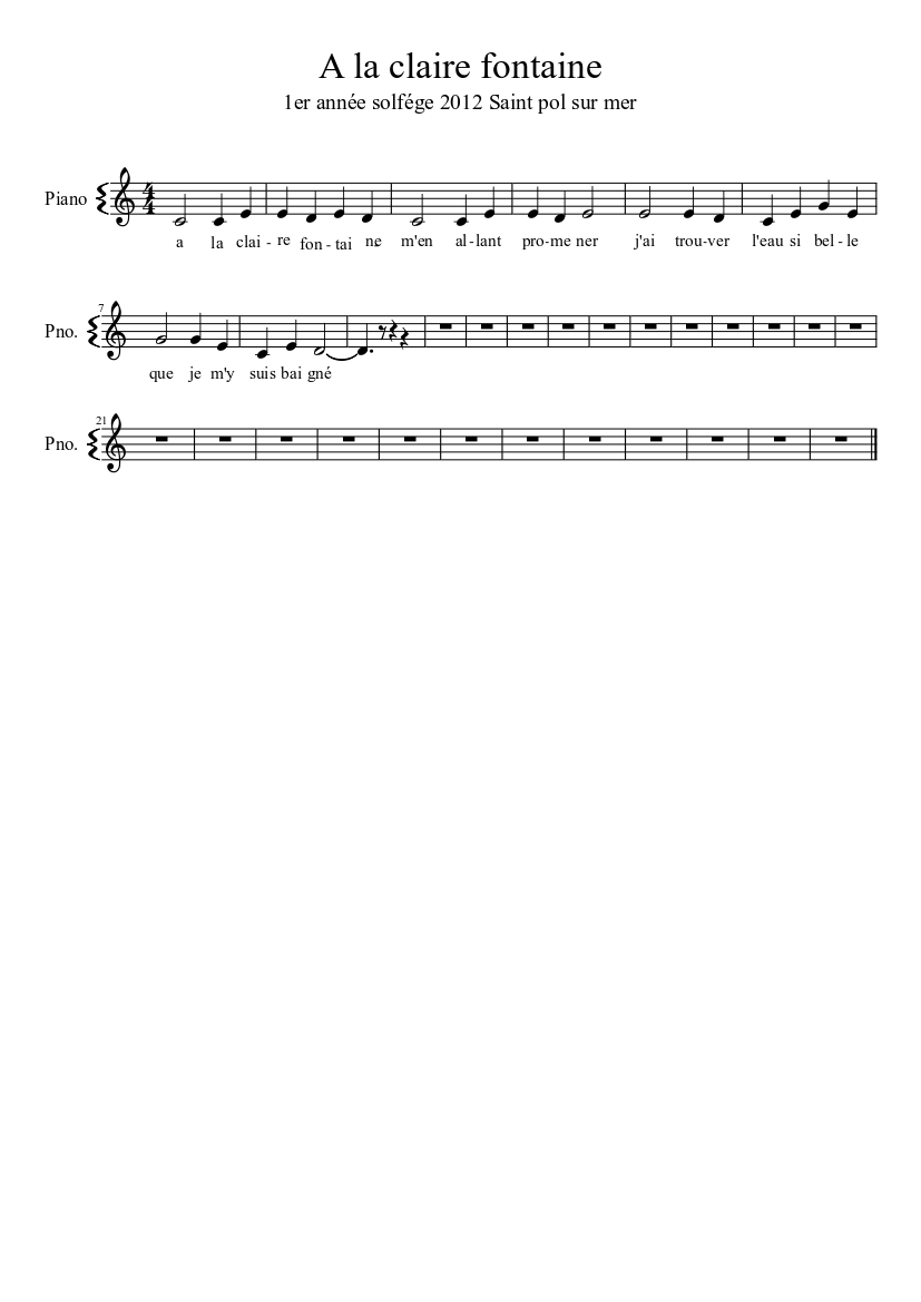A la claire fontaine Sheet music for Piano (Solo) | Musescore.com