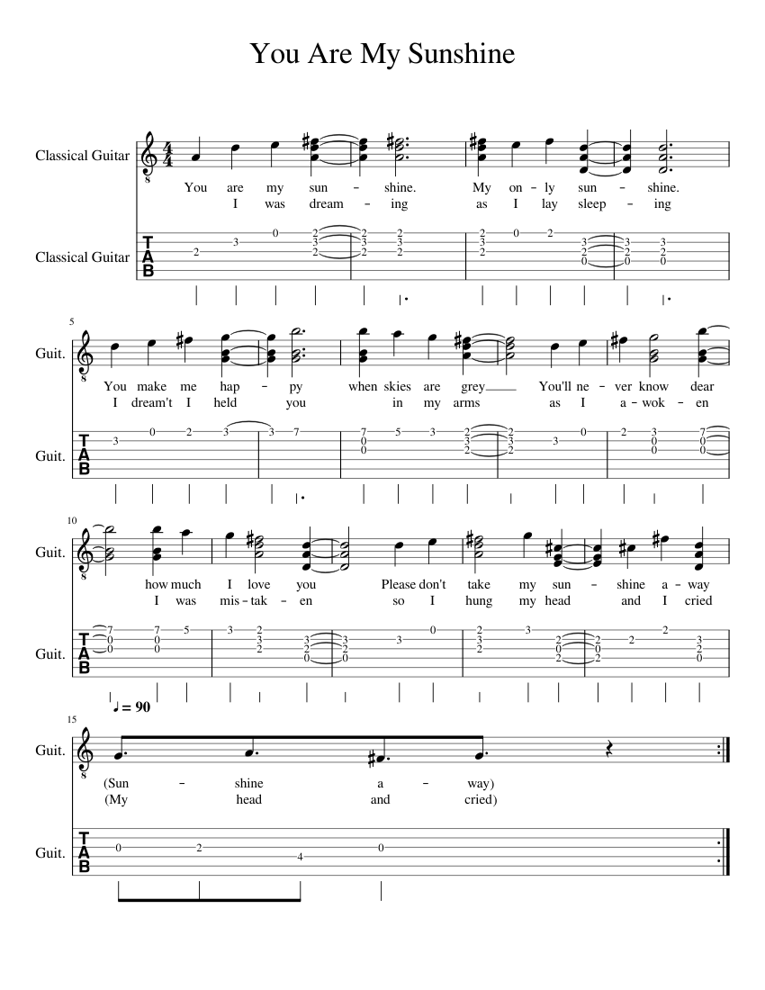 You Are My Sunshine Sheet Music and Tab for Guitar (Mixed Duet ...