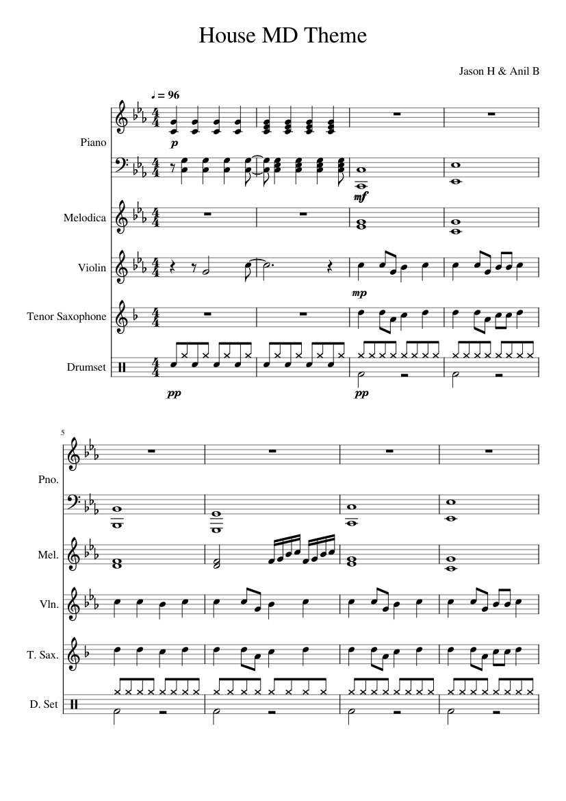 House MD Intro Sheet Music for Piano, Saxophone tenor, Violin, Drum ...