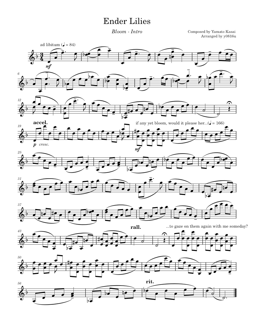 Bloom Intro – Ender Lilies Sheet Music for Violin (Solo) | MuseScore.com