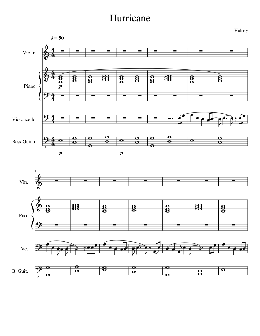 Hurricane-Acoustic Sheet music for Piano, Violin, Cello, Bass guitar ...