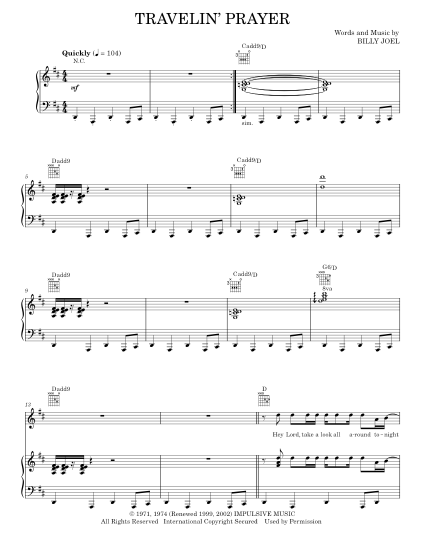 Play Official version of Travelin prayer Sheet Music by Billy Joel for ...