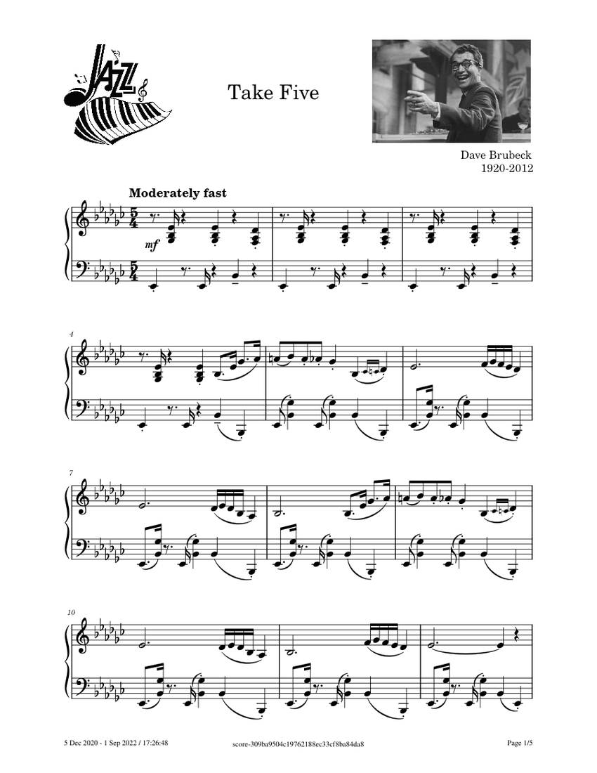 Take Five – Dave Brubeck Sheet music for Piano (Solo) | Musescore.com