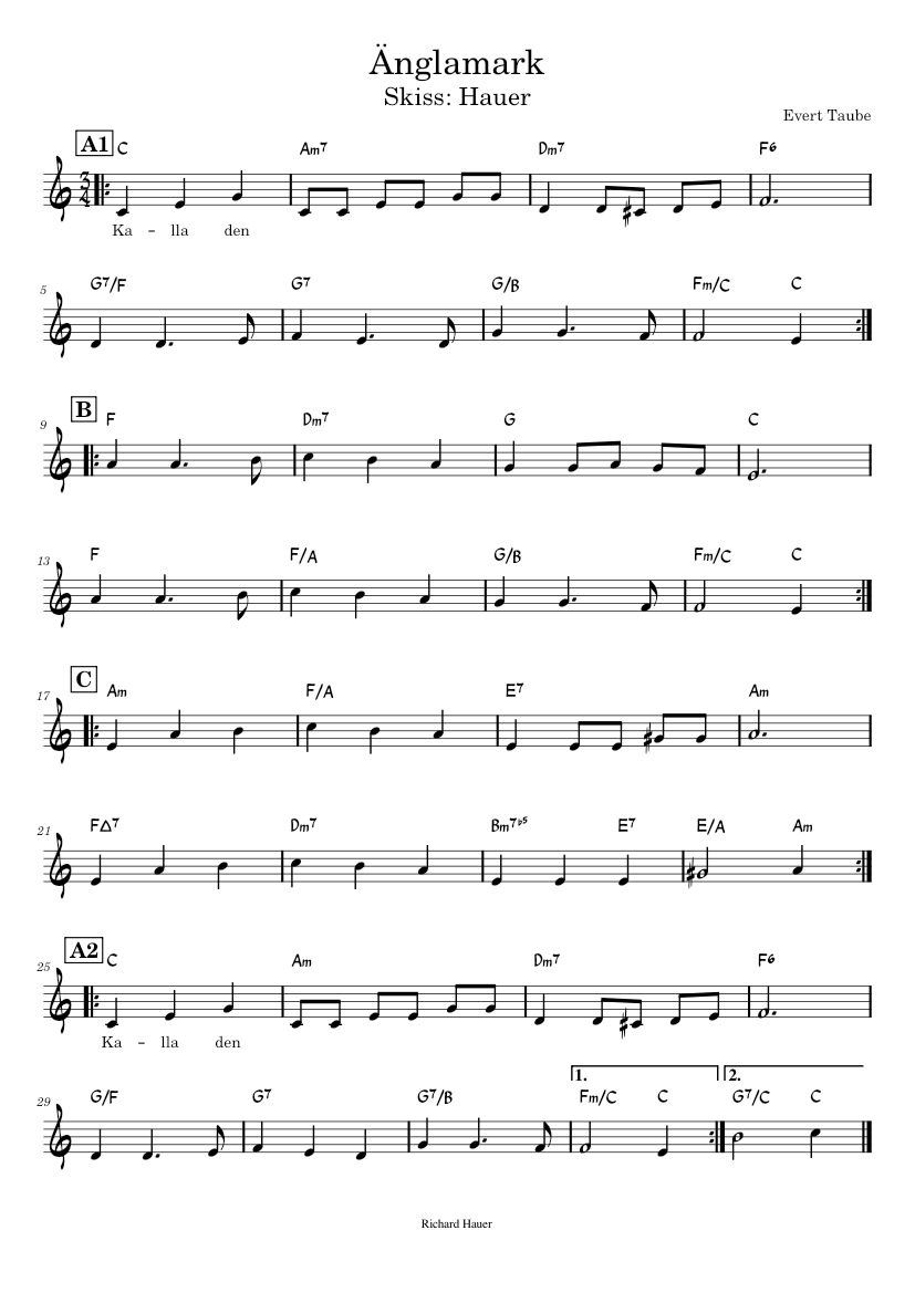 Änglamark – Evert Taube Sheet music for Guitar (Jazz Band) | Musescore.com