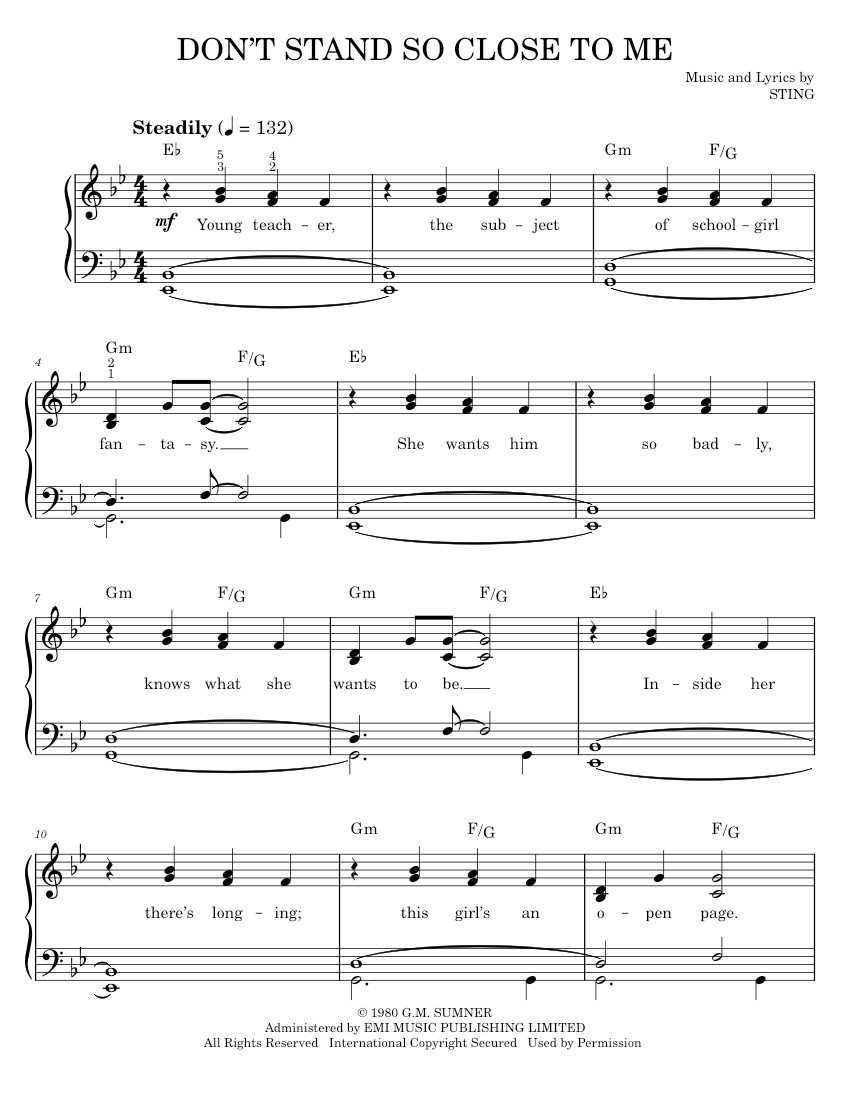 Don't Stand So Close To Me Sheet music for Piano by The Police: Music ...