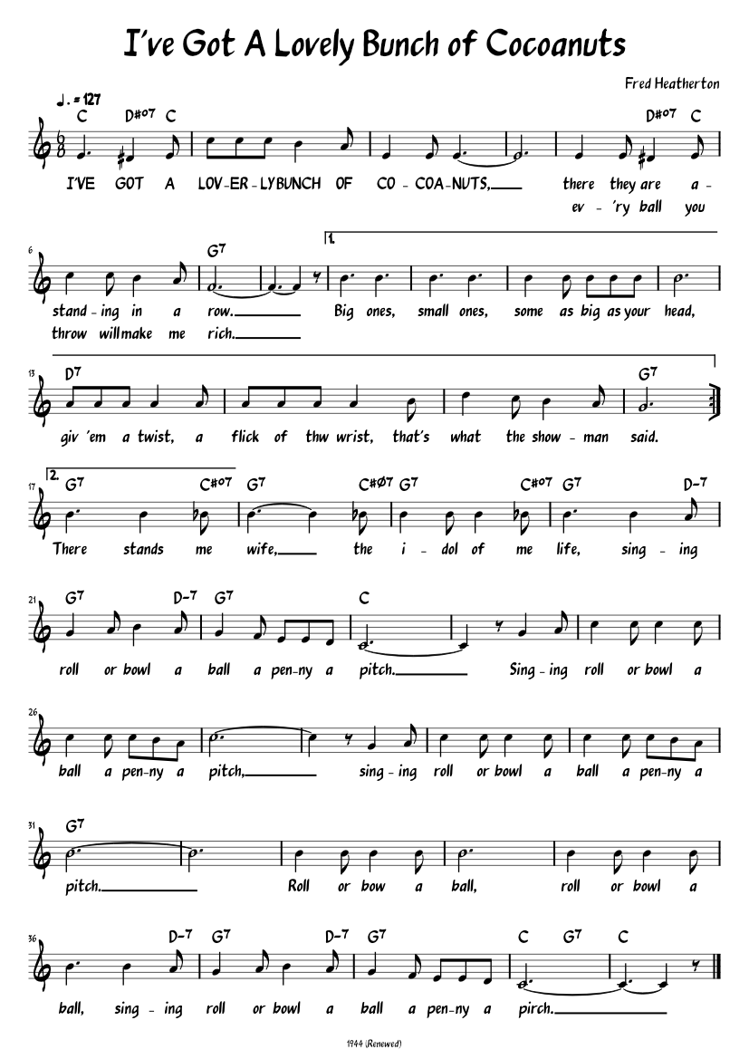I've Got a Lovely Bunch of Coconuts (Lead sheet with lyrics ) Sheet Music for Piano (Solo) Easy ...