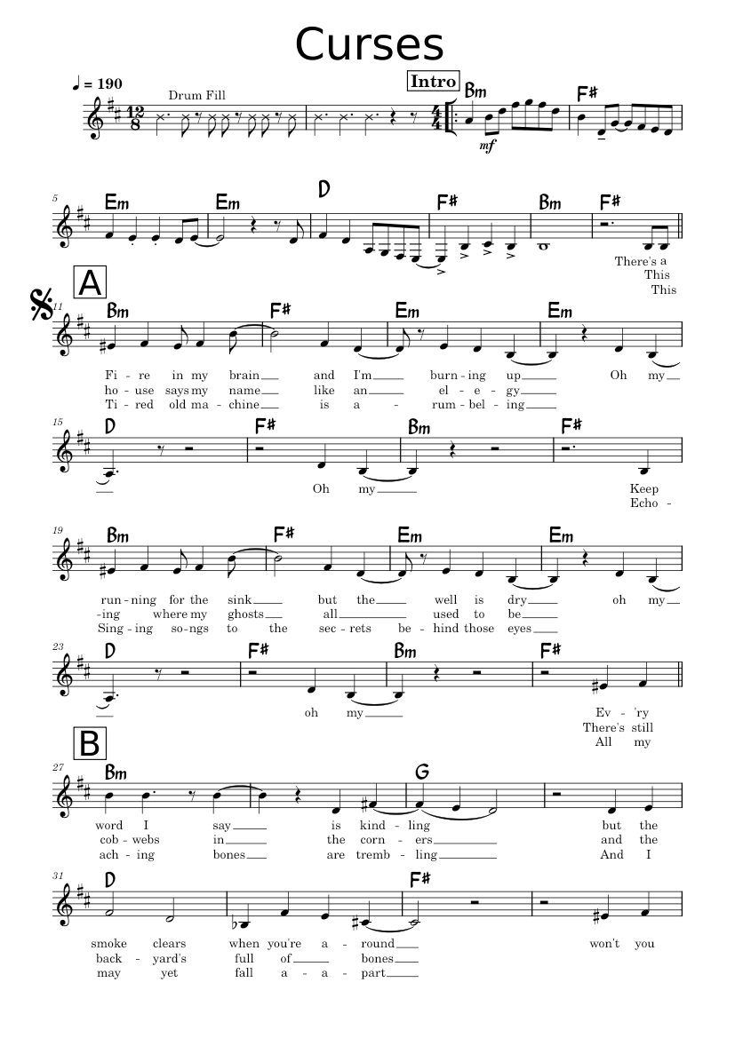 Curses – The Crane Wives Sheet Music with Chords for Piano (Solo) easy ...