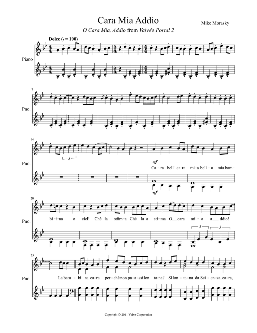 Cara Mia Addio - FULL Piano Cover Sheet music for Piano (Solo) | Musescore.com
