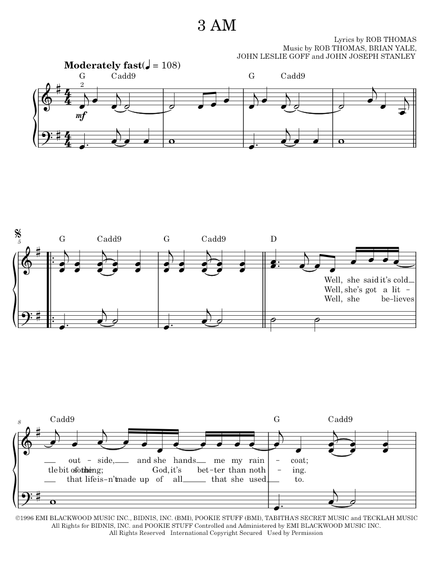 Play Official version of 3 AM sheet music by Matchbox Twenty for Piano ...