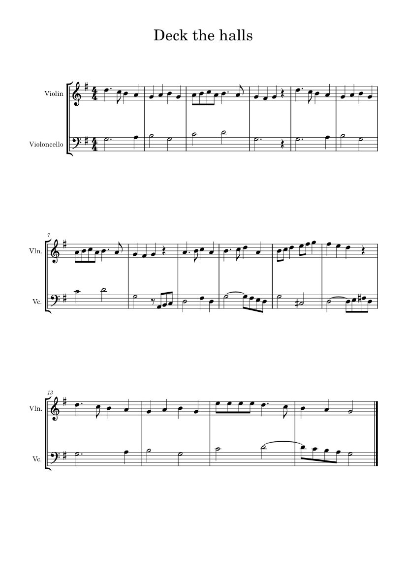 Deck the halls Sheet music for Violin, Cello (String Duet) | Musescore.com