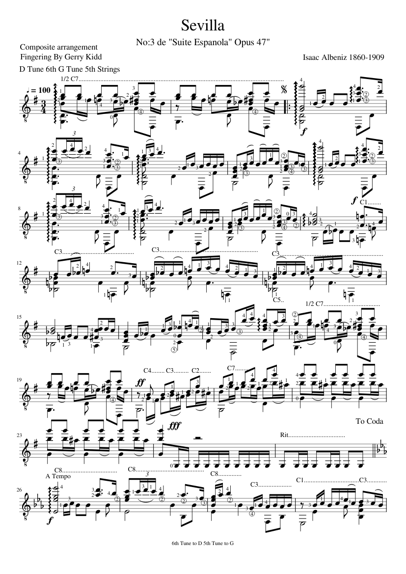 Sevilla No:3 from de "Suite Espanola" Opus 4 Sheet music for Guitar ...