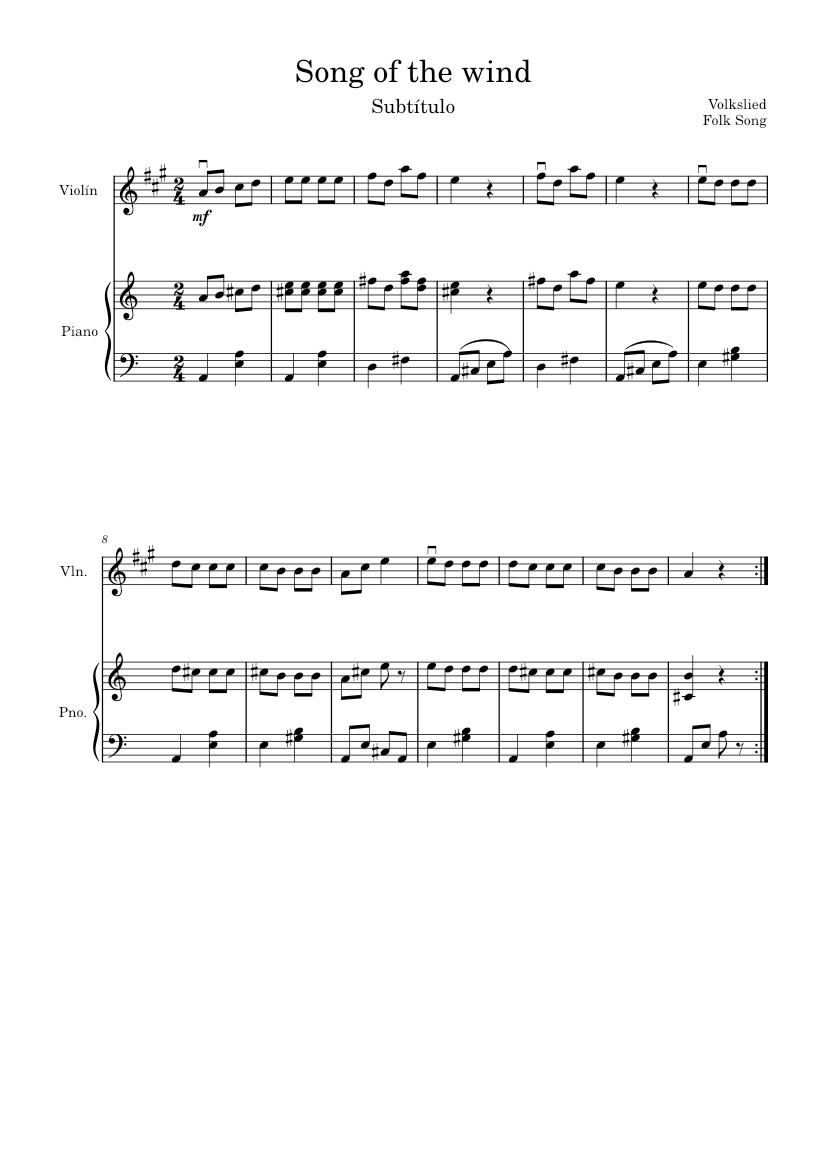 Suzuky Violin - Song of the wind Sheet Music for Piano, Violin (Solo ...