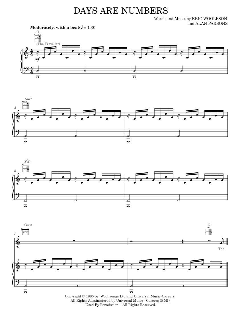 days are numbers Sheet music for Piano, Vocals by The Alan Parsons ...