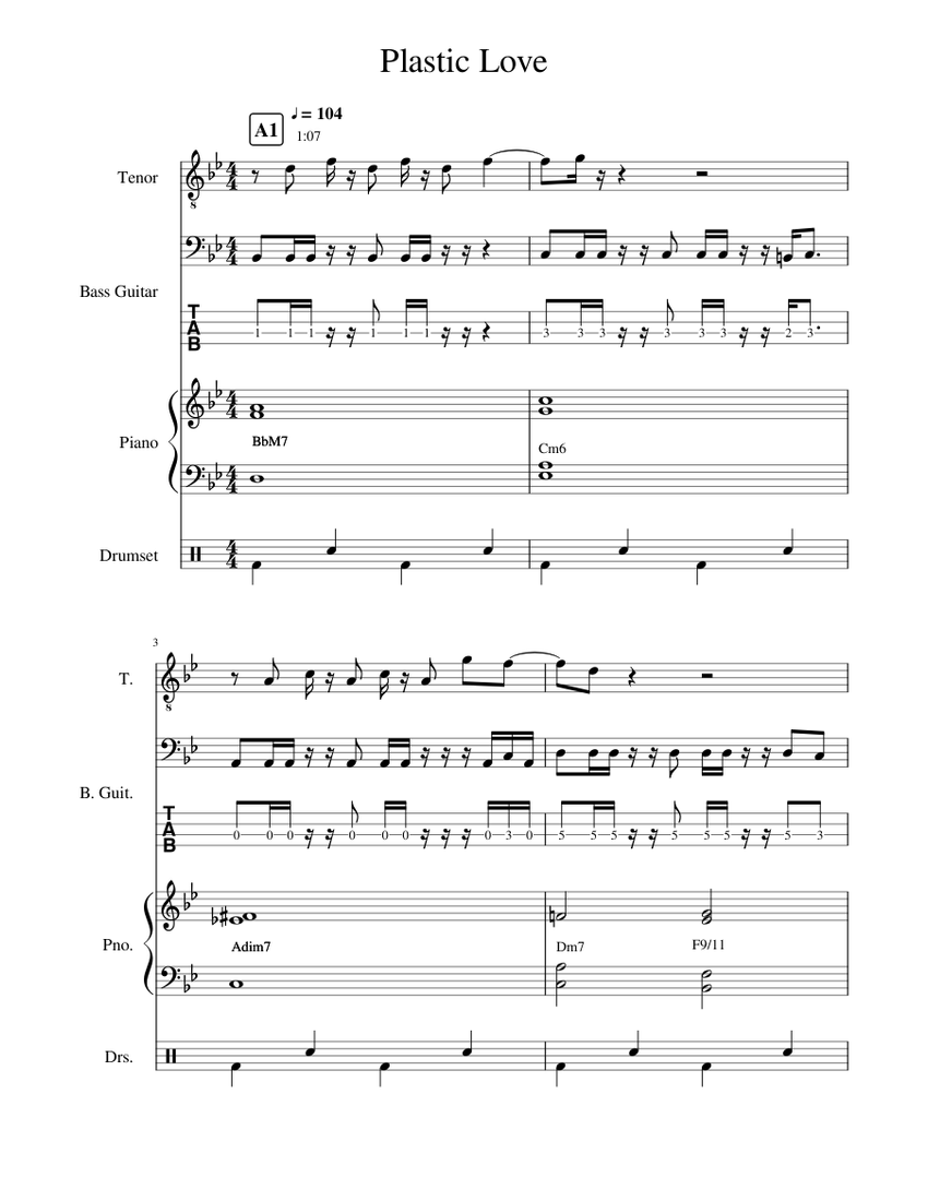 Plastic Love Sheet music for Piano, Tenor, Bass guitar, Drum group ...
