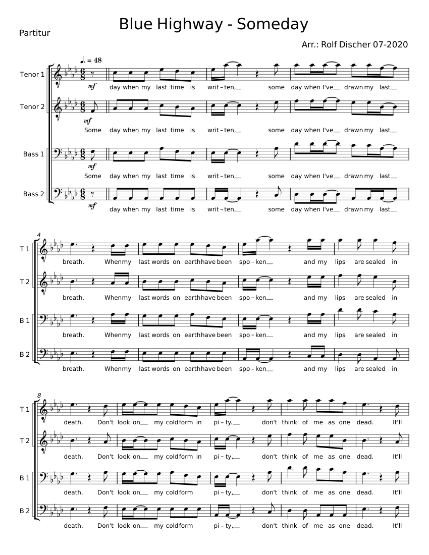 Someday Blue Highway Sheet Music For Bass Guitar Synthesizer Mixed