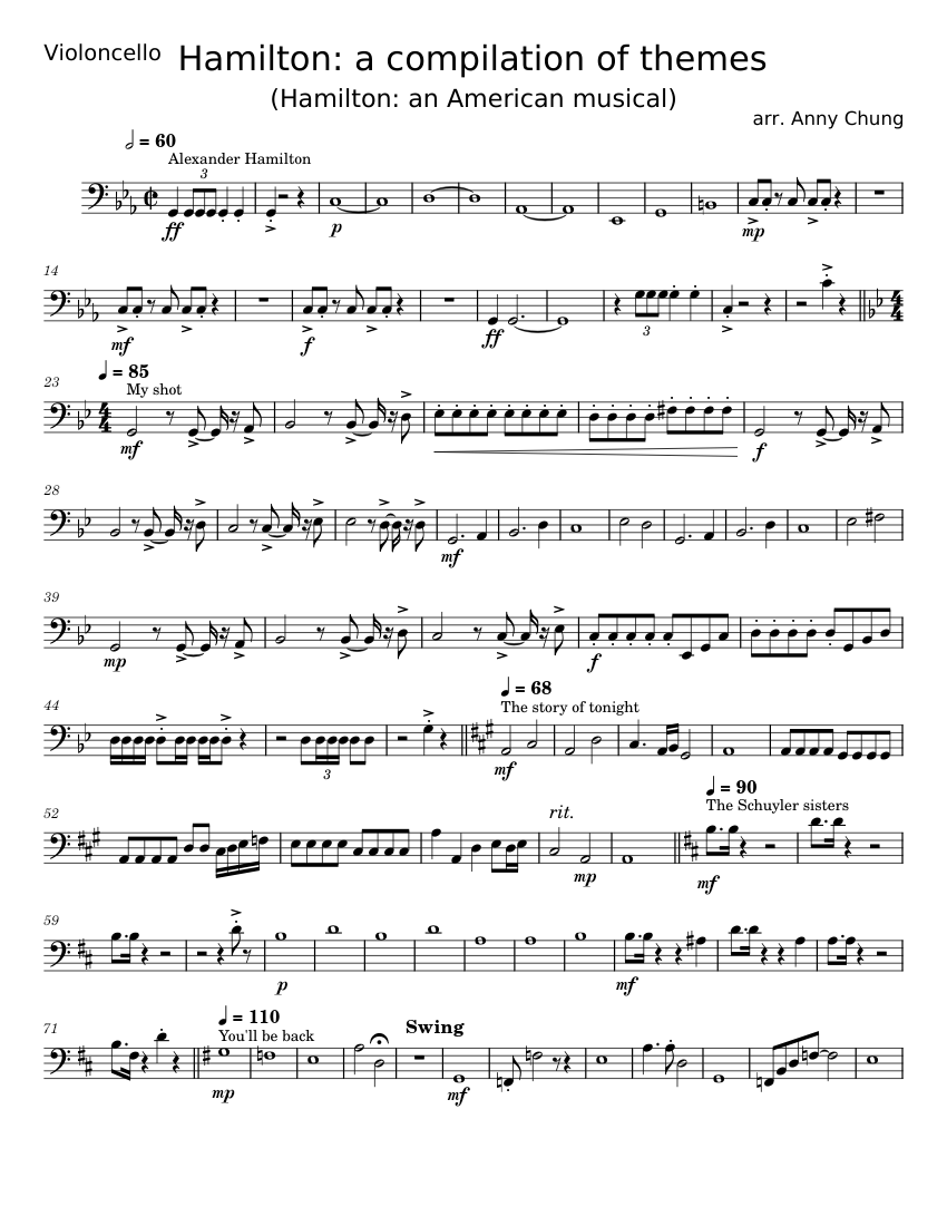 Hamilton - Lin-Manuel Miranda Sheet music for Cello (Solo) | Musescore.com
