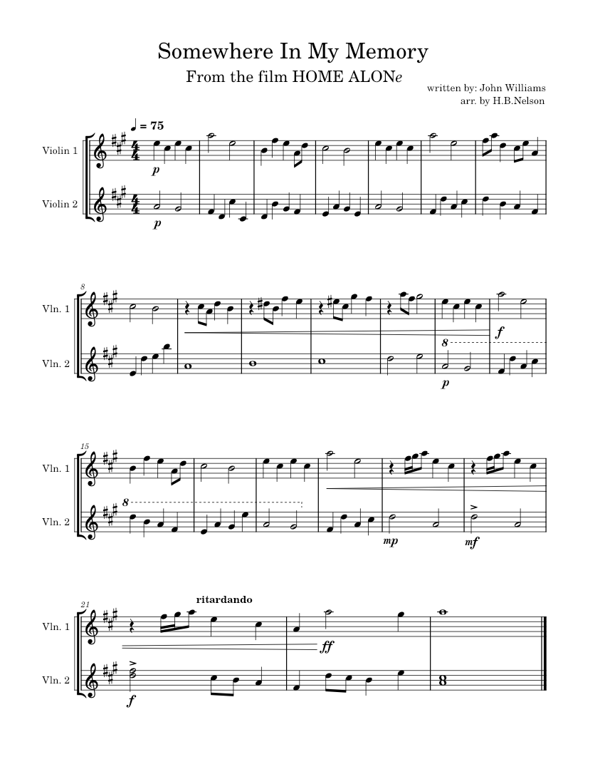 Somewhere in my memory – John Williams from HOME ALONe Sheet music for Violin (String Duet ...