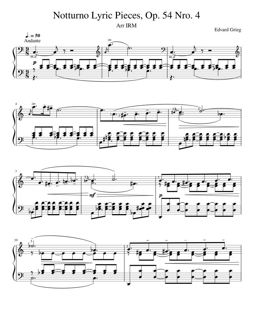 Grieg Notturno Lyric Pieces, Op. 54 Nro. 4 Sheet music for Piano (Solo ...