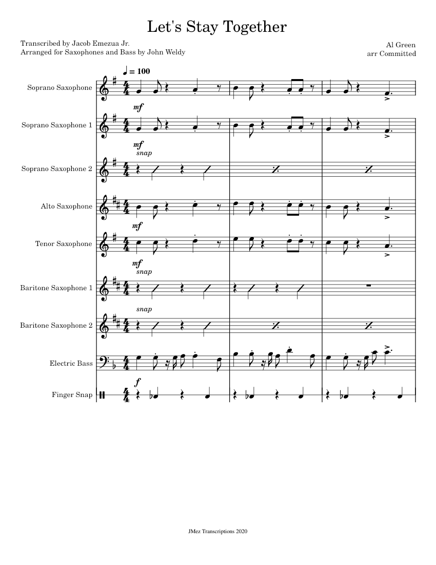 Let's Stay Together – Al Green for Sax Quartet and Bass Sheet music for ...