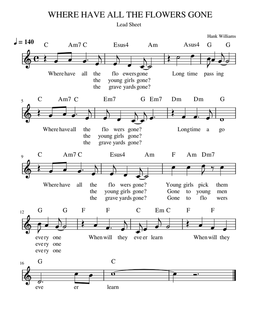 Where Have All The Flowers Gone Lead Sheet Sheet music for Harmonica ...