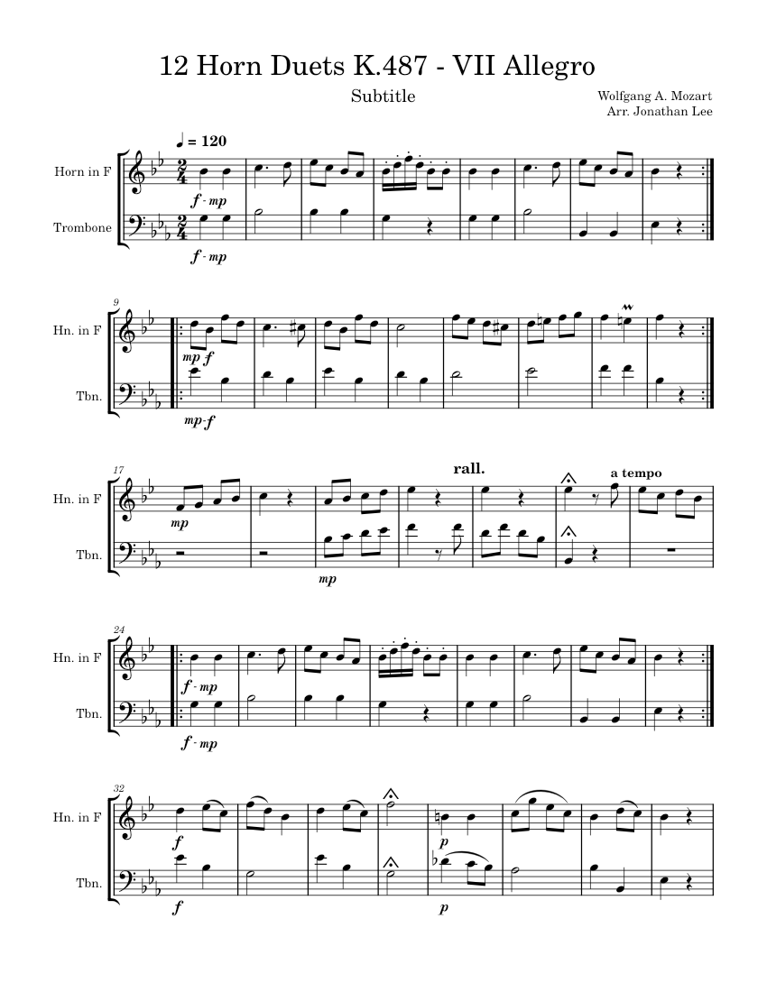 12 Horn Duos, No. VII, K.487/496a – Wolfgang Amadeus Mozart (Arr. Horn in F and Trombone) Sheet ...
