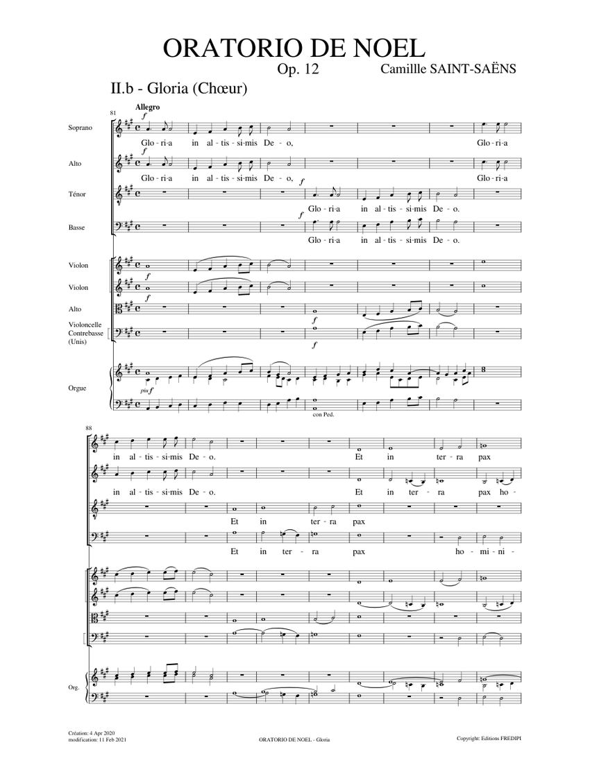 Oratorio de Noël, Op.12, '2b Gloria' de Camille Saint-Saëns. Sheet ...